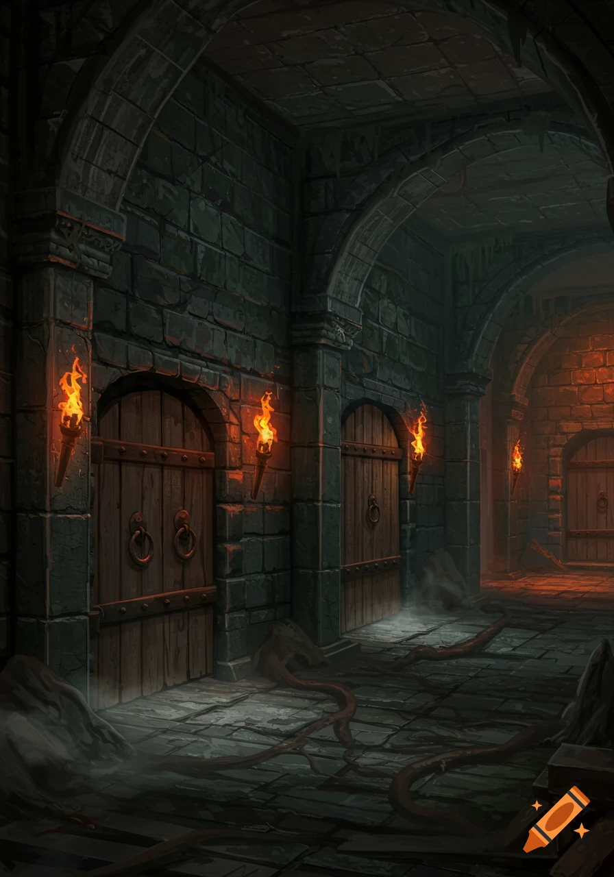 A dark, torch-lit dungeon with cracked stone walls covered in ancient ...
