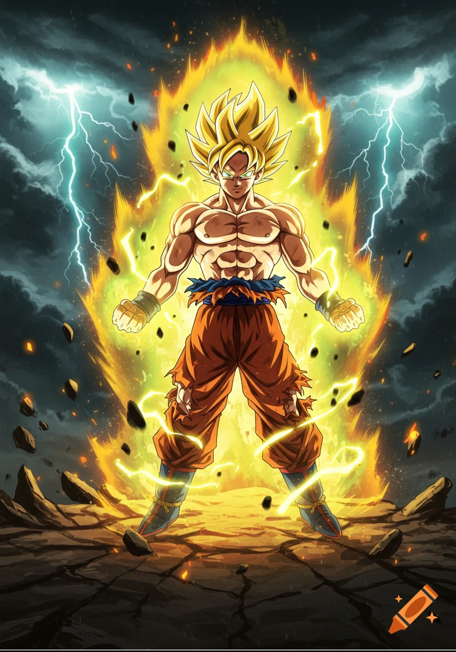 Anime illustration of Gear 5 Luffy with fiery hair, glowing rings ...