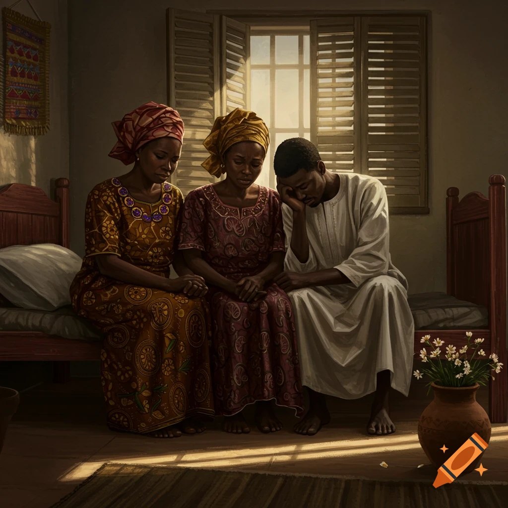 Two African women and a man sit somberly on a bed in a softly lit room ...