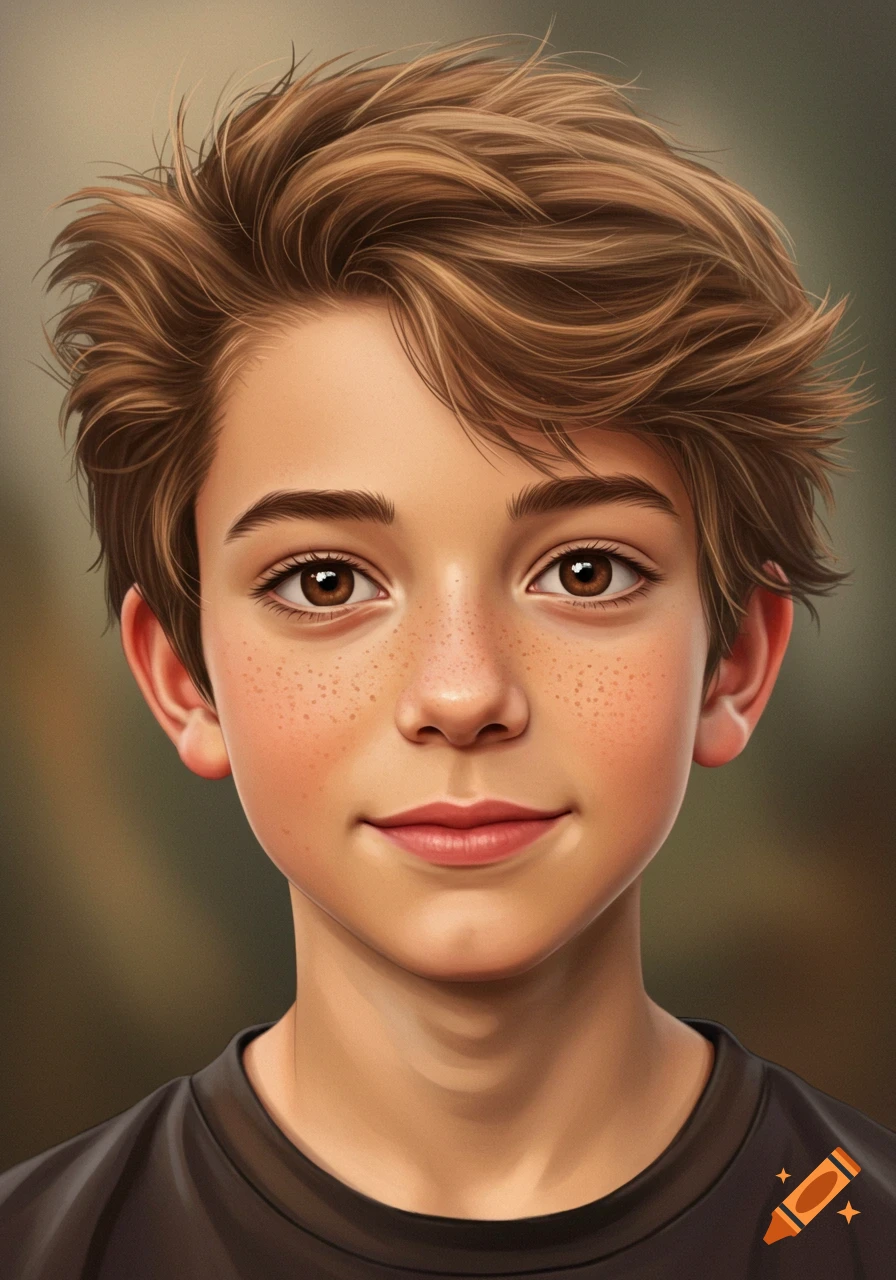 Close-up digital painting portrait of a smiling young boy with light ...
