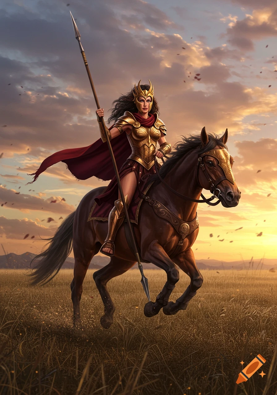 Regal Amazon queen in golden armor rides a horse through a field at ...
