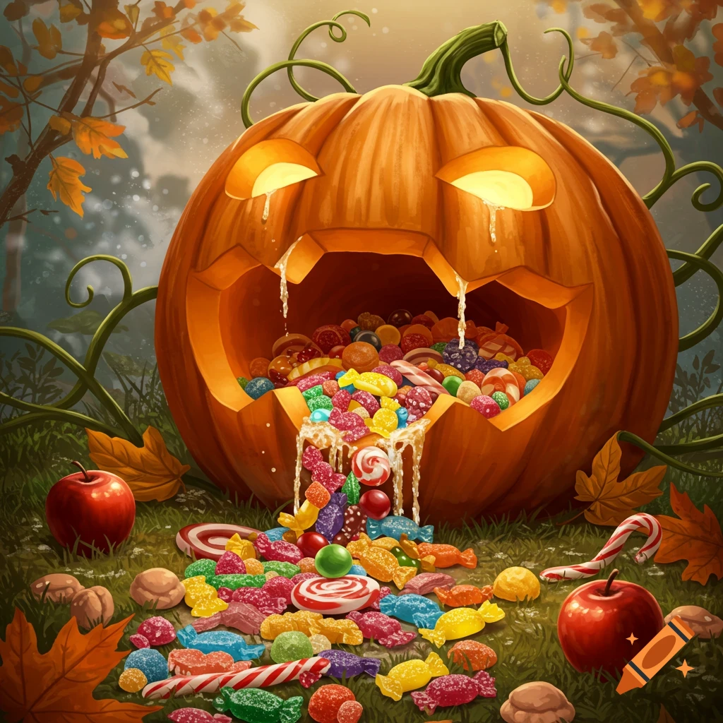 A vibrant illustration of a carved jack-o'-lantern pumpkin on grassy ...