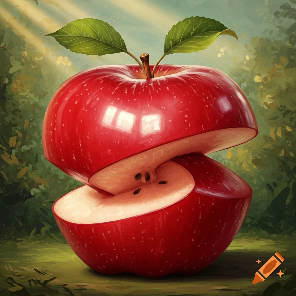 A half-cut pomegranate with glowing seeds and misty trails rests on a ...