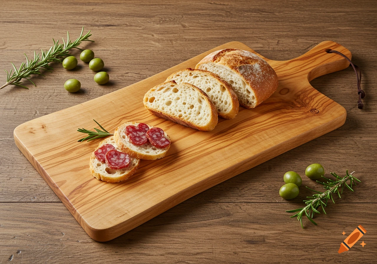 Sliced bread and salami on an olive wood cutting board with green ...