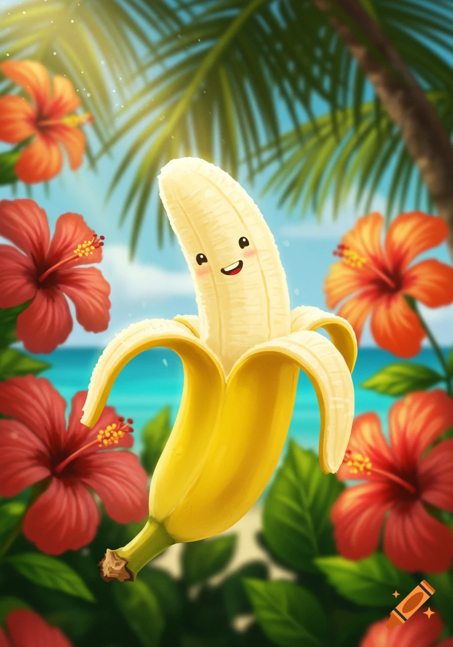 Digital art of a banana in a coconut shell floating on the ocean at ...