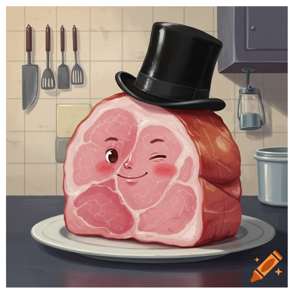 A cartoonish pink ham with a winking face and rosy cheeks wears a black ...