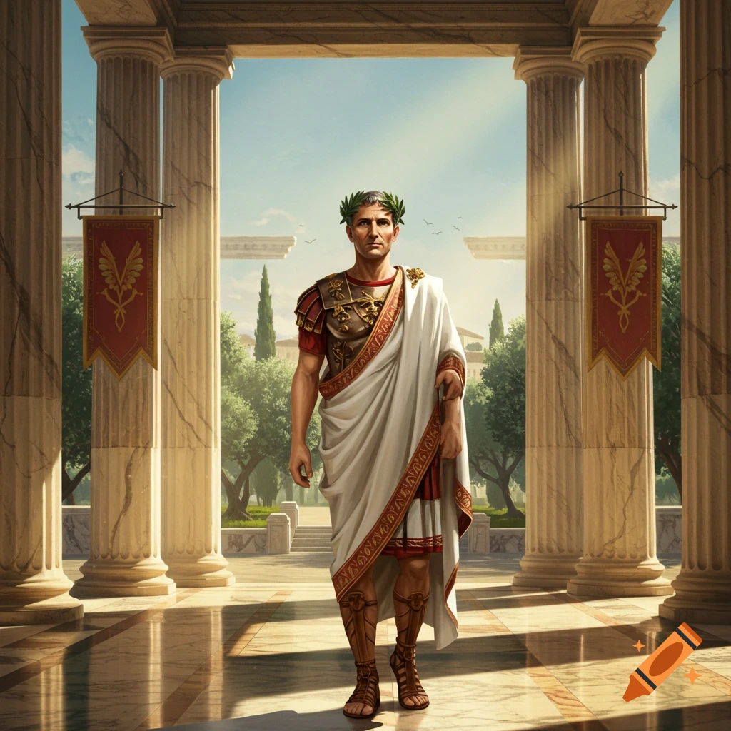 A Roman emperor in a toga and armor stands beneath grand columns ...