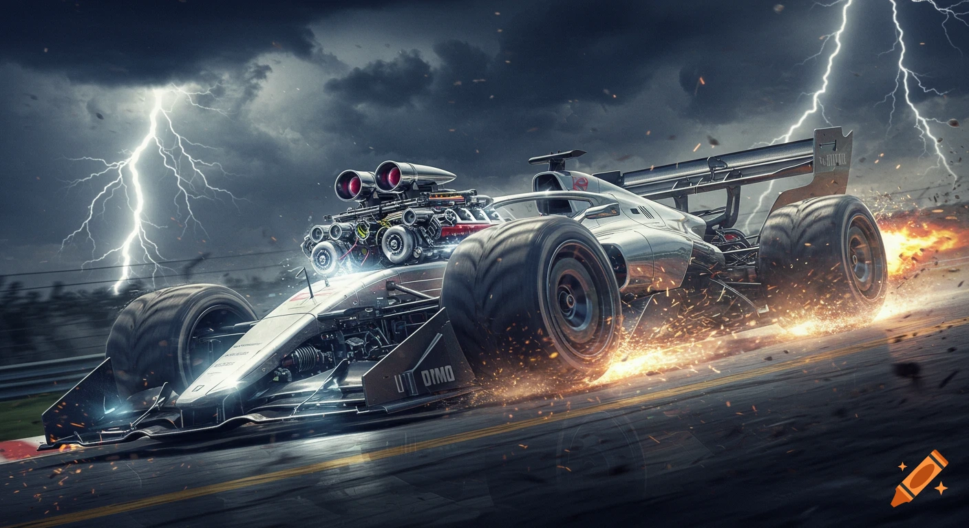 A red Formula 1 race car speeds on a wet track at night, illuminated by ...