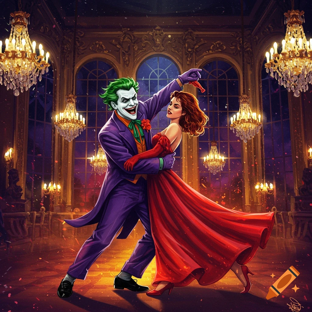 Joker and Vicki Vale dancing in a grand, chandelier-lit ballroom ...