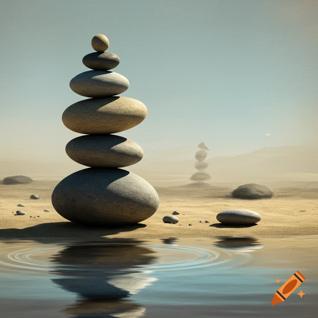 Balanced stack of smooth Zen rocks on a sandy beach by calm water ...