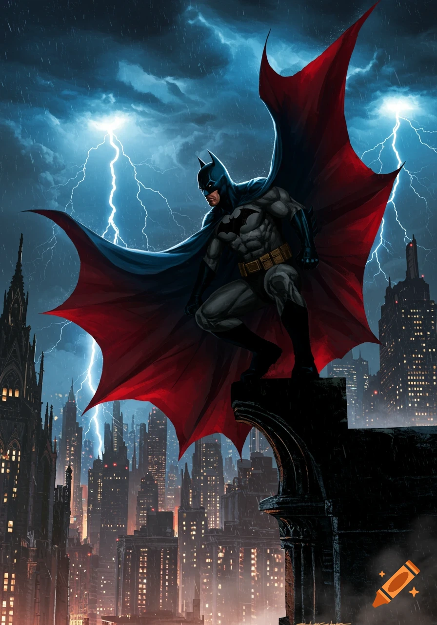 Batman stands on a gothic rooftop at night with pigeons, overlooking a ...
