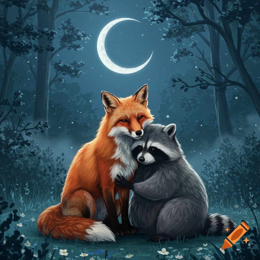 Stylized illustration of a fox and raccoon hugging in a moonlit forest ...