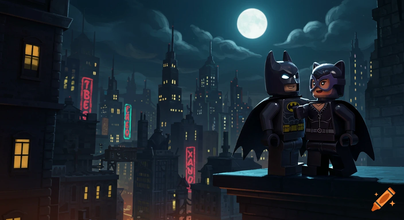 Lego Batman and Catwoman stand on a Gotham city rooftop at night with a ...