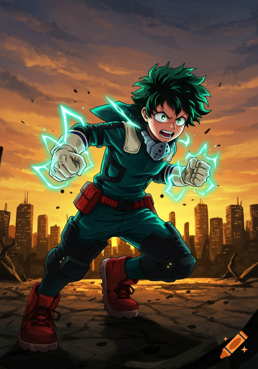 Izuku Midoriya, an anime character, lunges forward with green lightning ...