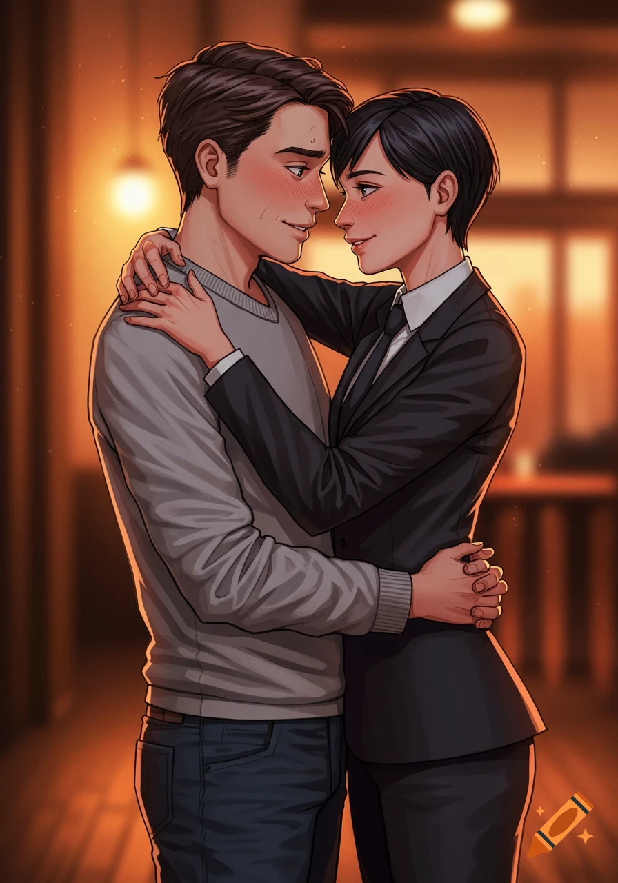 Anime illustration of a smiling man embracing a pregnant woman from ...