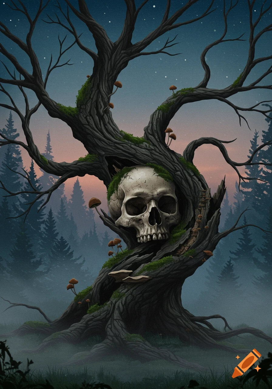 A gnarled, mossy tree with a skull embedded in its trunk, surrounded by ...