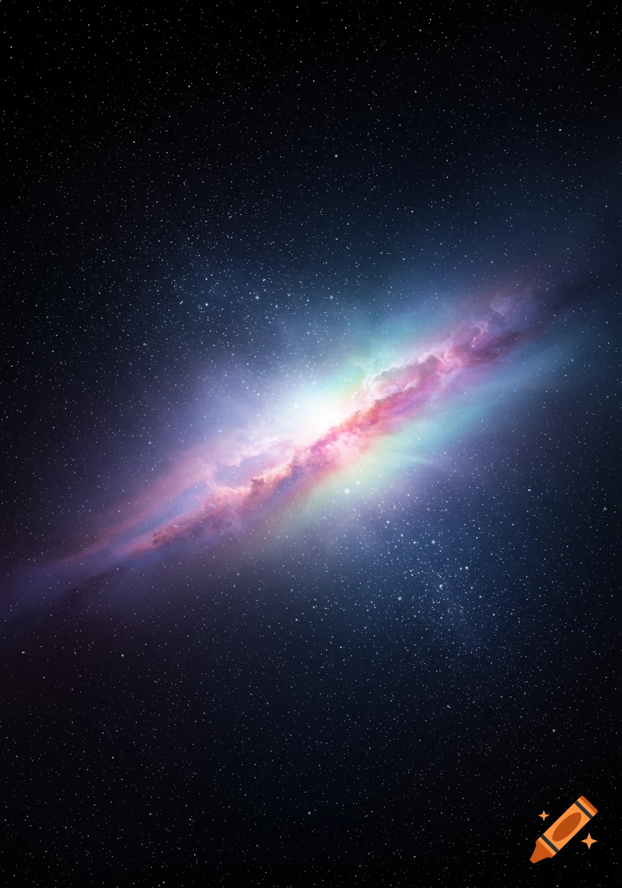 A vibrant rainbow-colored gas cloud with a bright center extends across ...