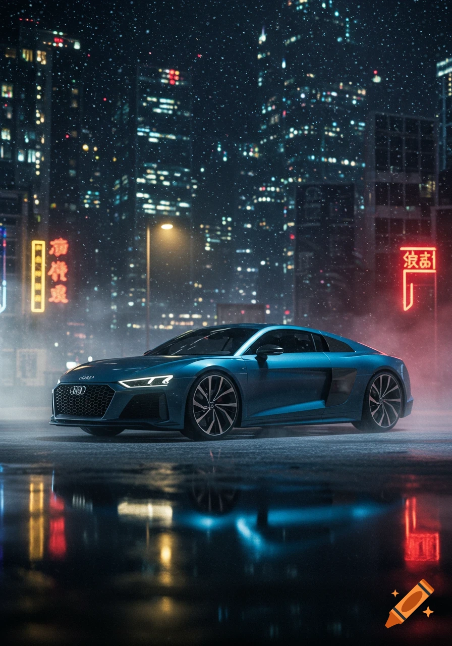 A blue Audi R8 sports car on a wet street at night, with neon city ...