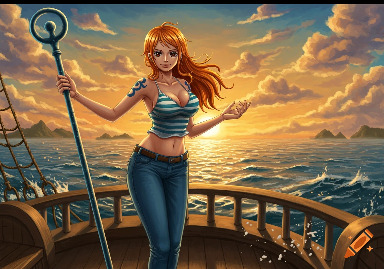 Anime portrait of Nami from One Piece, with orange hair, holding her ...