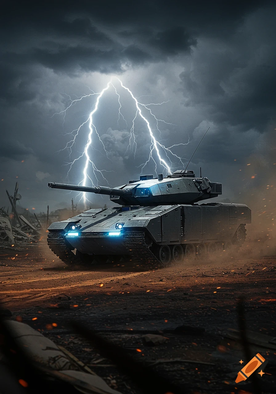 A military tank fires its main gun, producing a large muzzle flash, in ...