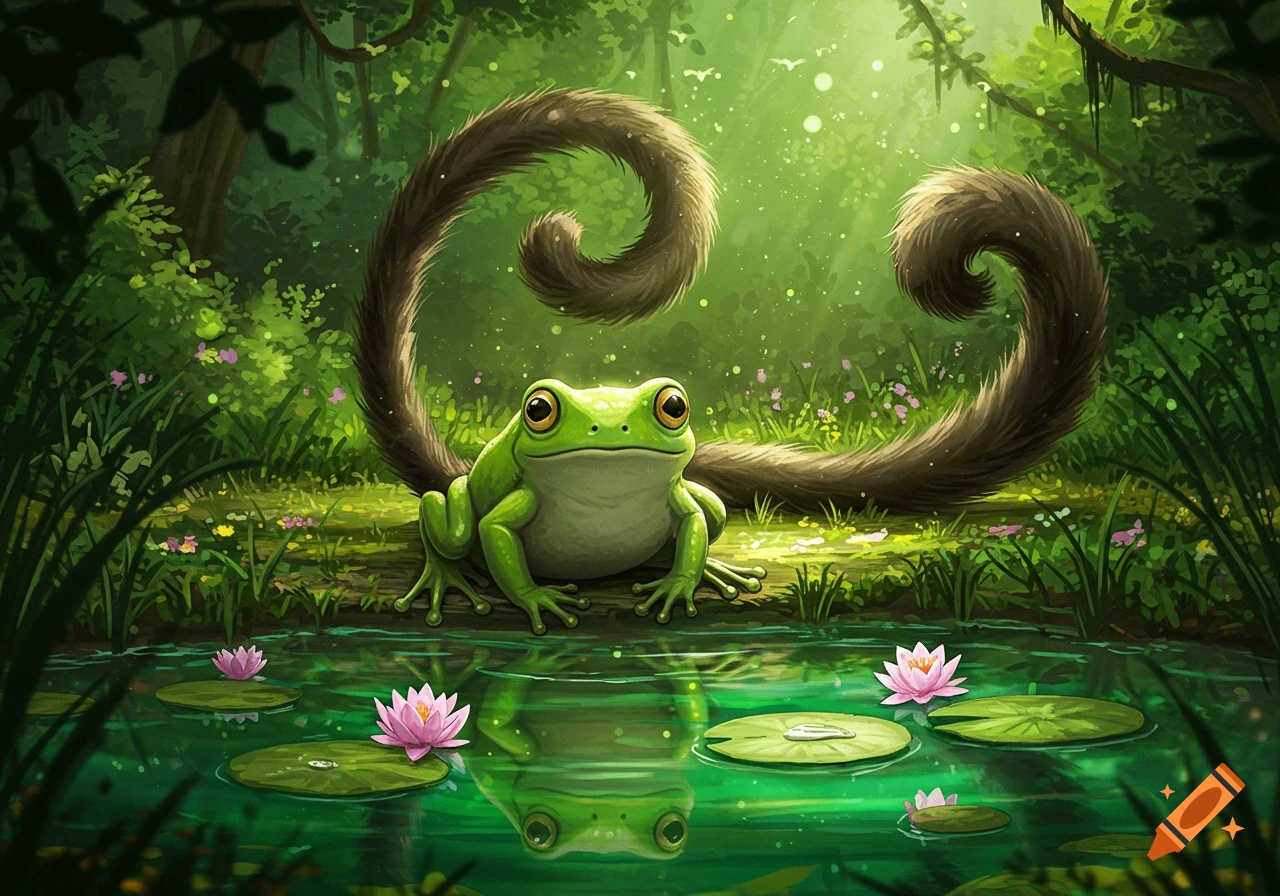 A green frog with a long, curly, furry brown tail sits by a pond with ...