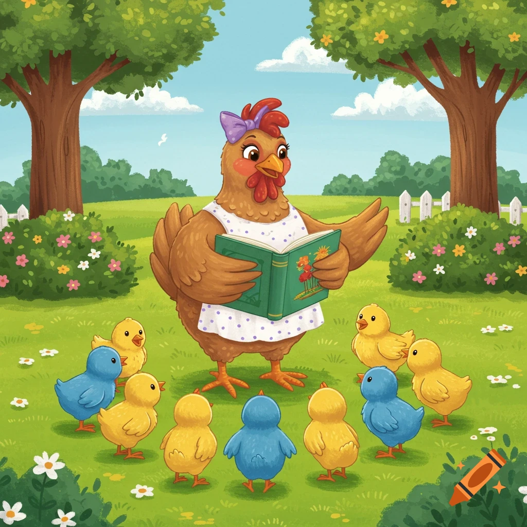 A cartoon rooster in a blue suit and red bow tie walks in a grassy ...