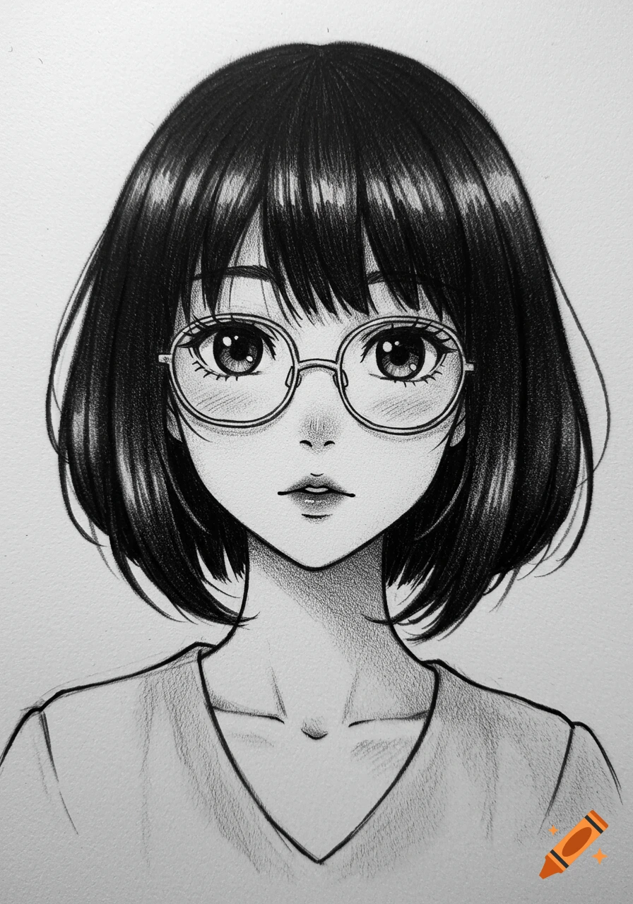 Black and white sketch drawing of an anime girl with short black hair ...