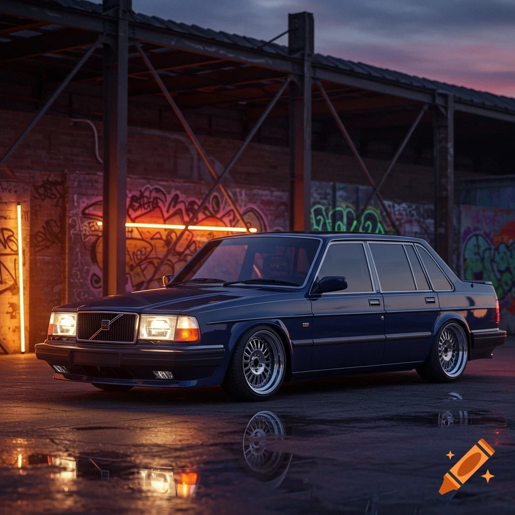 A colorful Lego model of a Volvo 340 car, made from red, blue, yellow ...