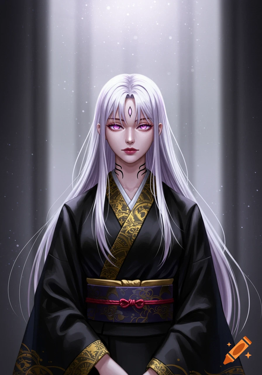 Anime illustration of a woman with long silver hair, pink eyes, a ...