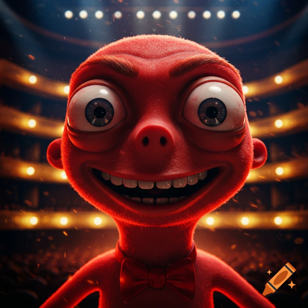 A red fuzzy cartoon creature with huge eyes and a wide smile wears a ...