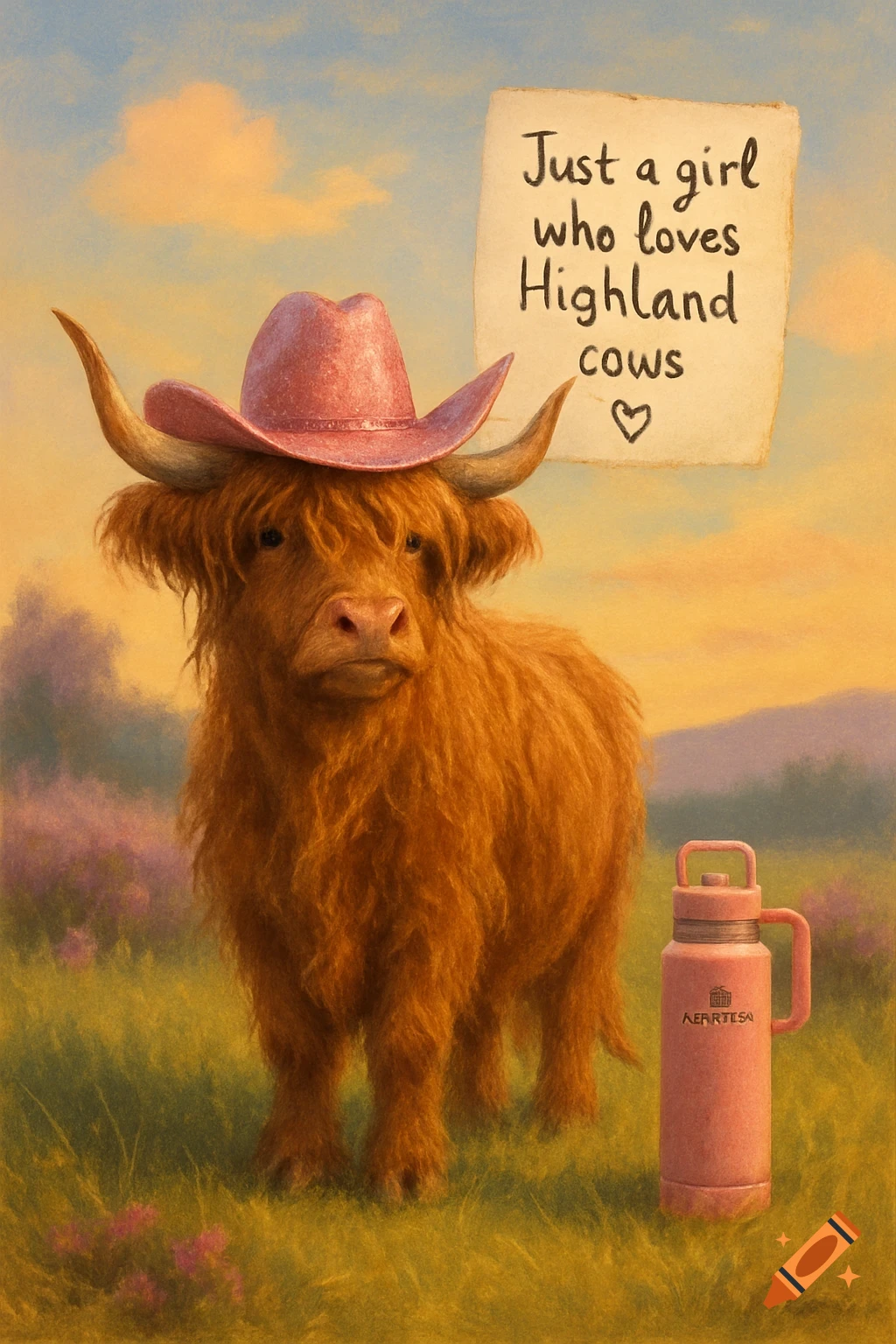 A fluffy brown Highland cow wearing a pink cowboy hat stands in a field ...
