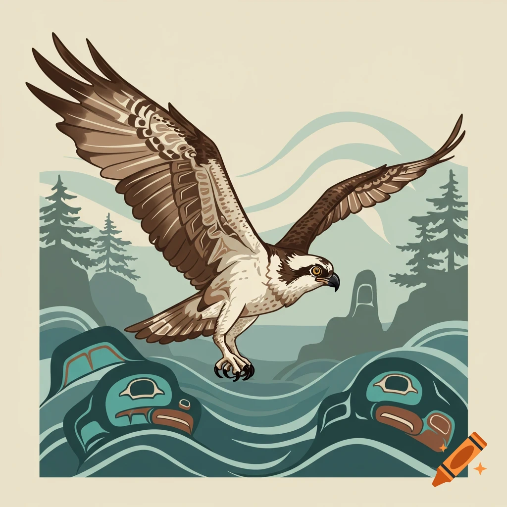 West Coast Salish graphic art of an osprey flying over stylized waves ...