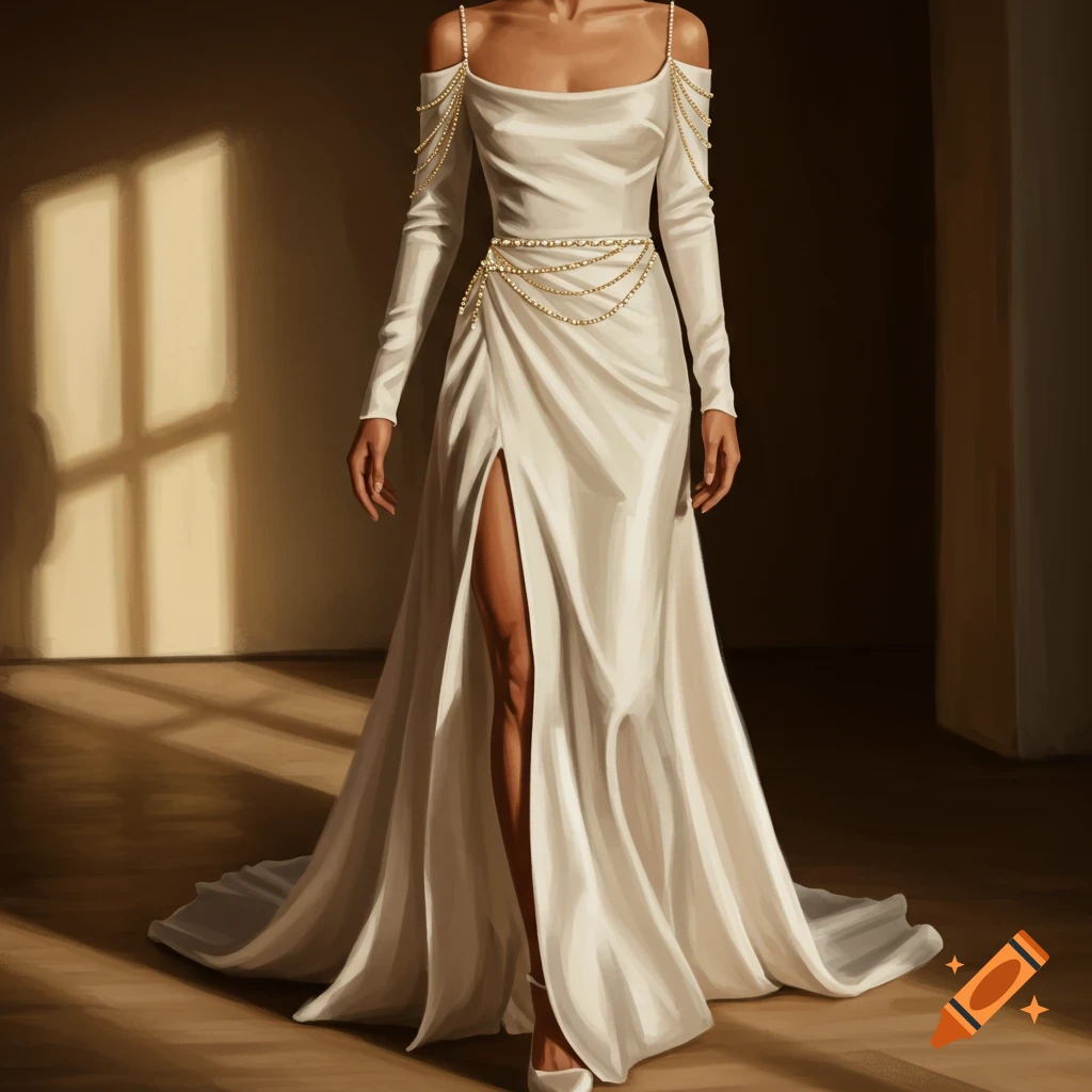 A woman models a white, silky wedding gown with an off-shoulder ...