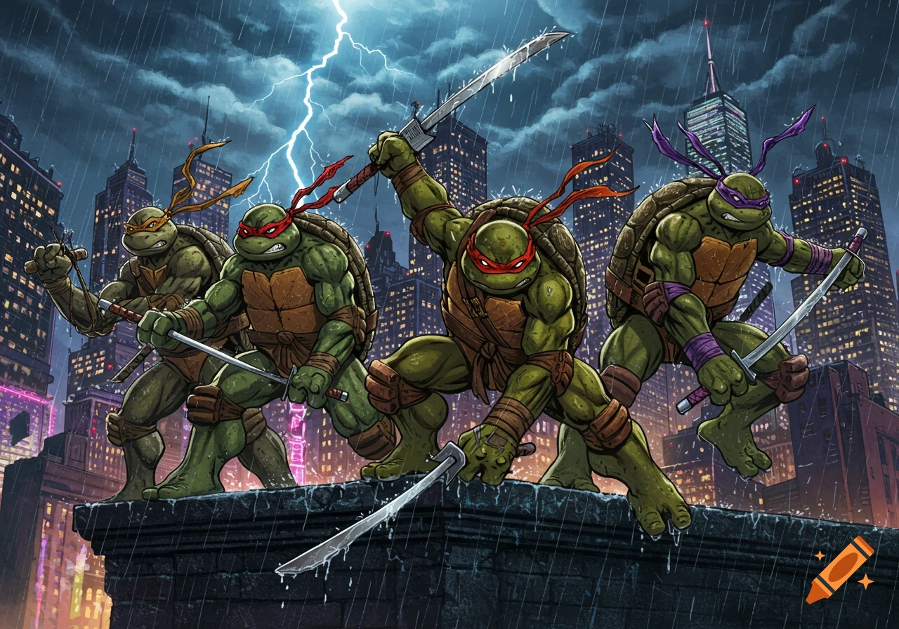 Four Teenage Mutant Ninja Turtles stand dynamically with weapons on a ...