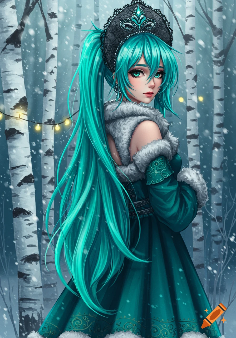An enchanting anime girl with long turquoise hair and a black lace ...