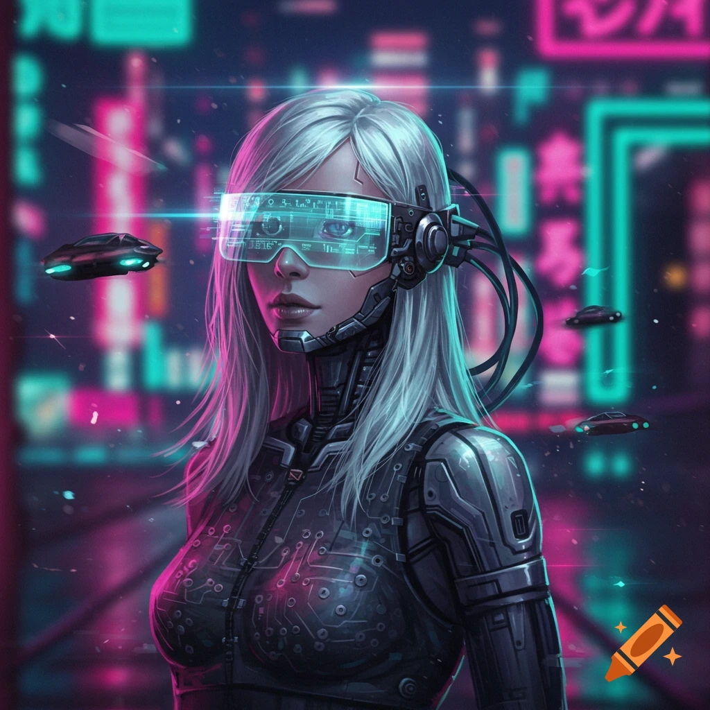 A white-haired cyborg woman with a glowing holographic visor stands in ...