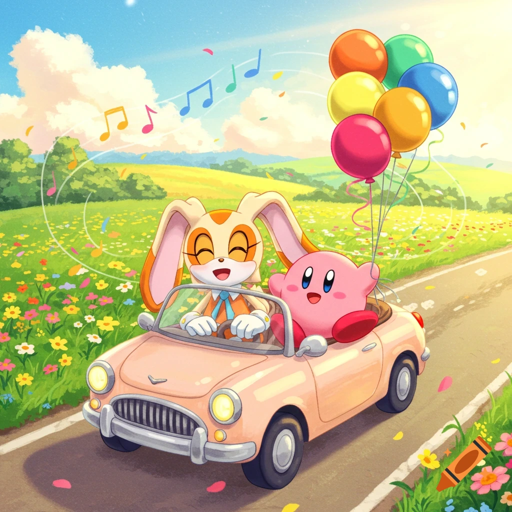 Cream the Rabbit and Kirby drive a peach convertible through a sunny ...