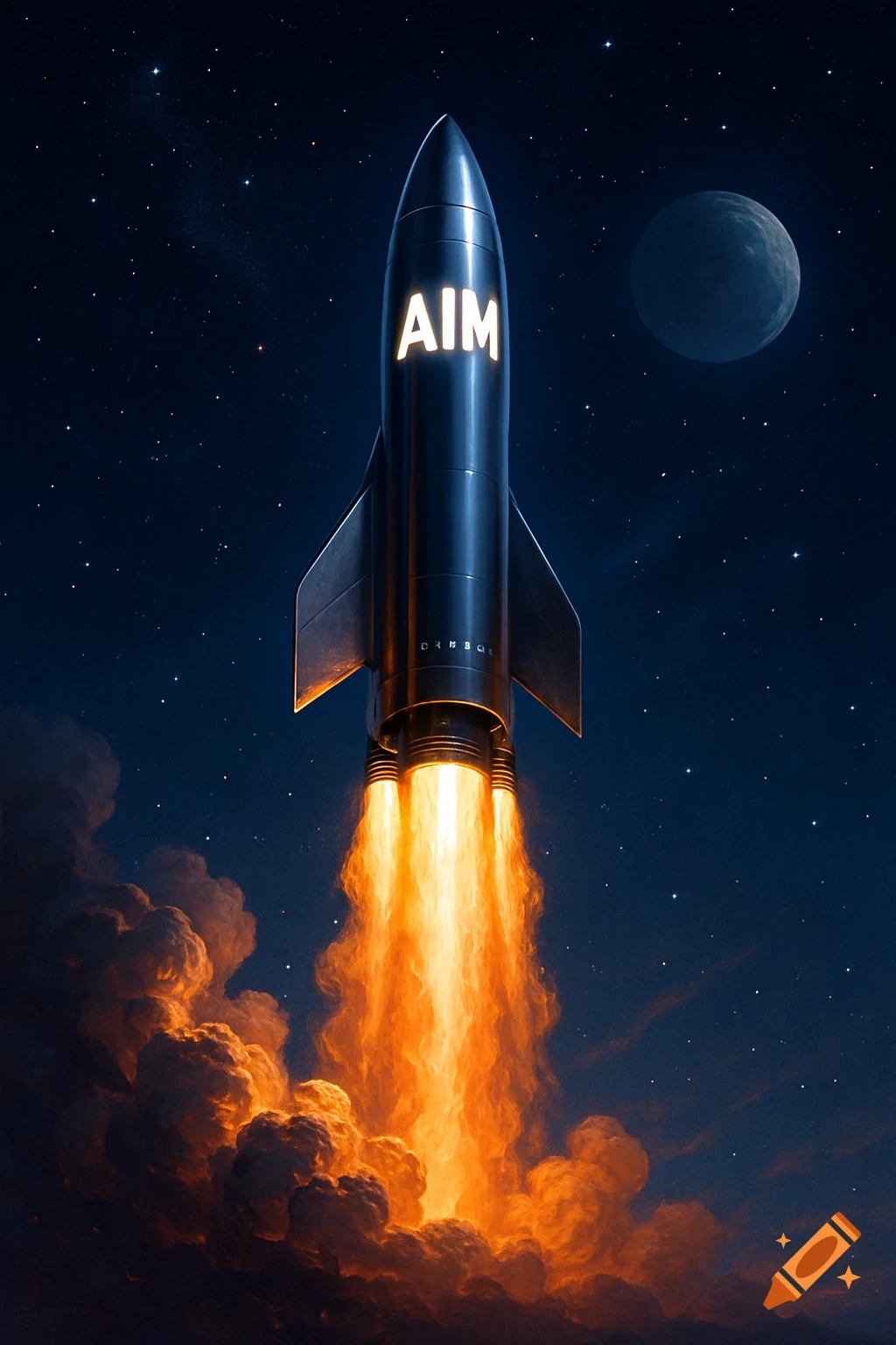A sleek, dark rocket with the illuminated word "AIM" launching into a ...