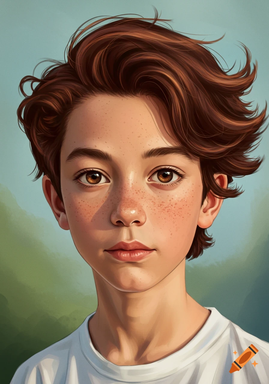 Close-up portrait of a young boy with messy blonde hair and brown eyes ...