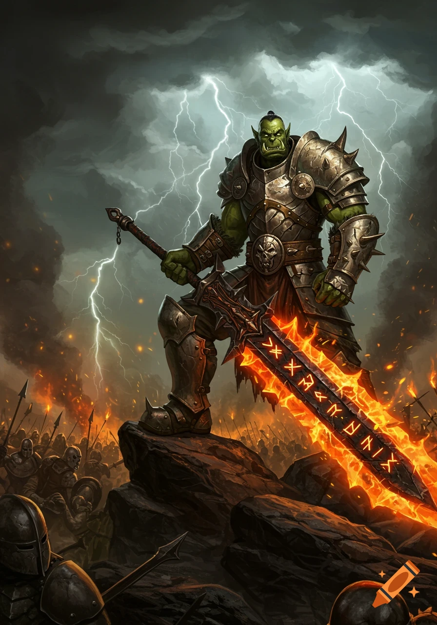 Imposing green orc warrior in spiked armor with a flaming runic ...