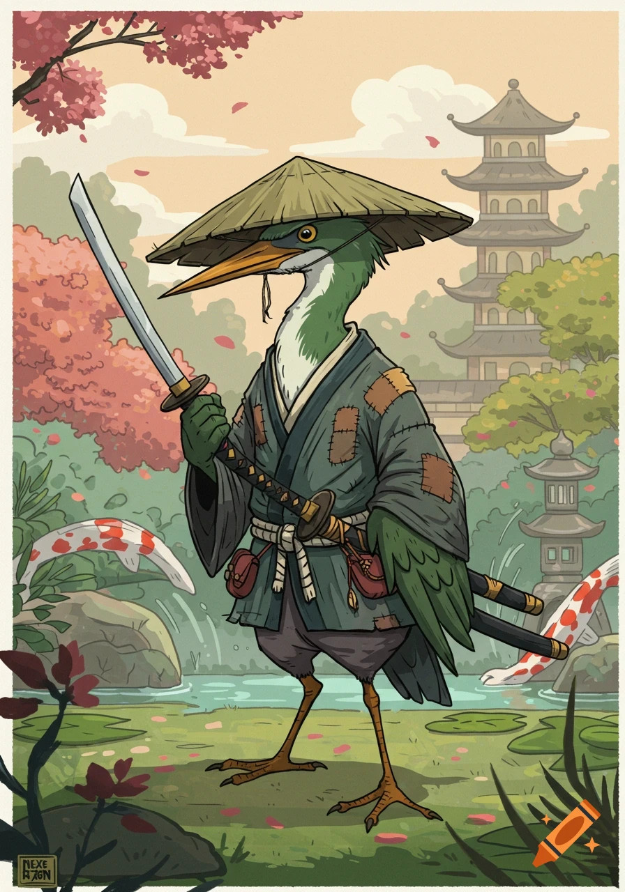 An anime-style samurai with a katana stands in a traditional Japanese ...