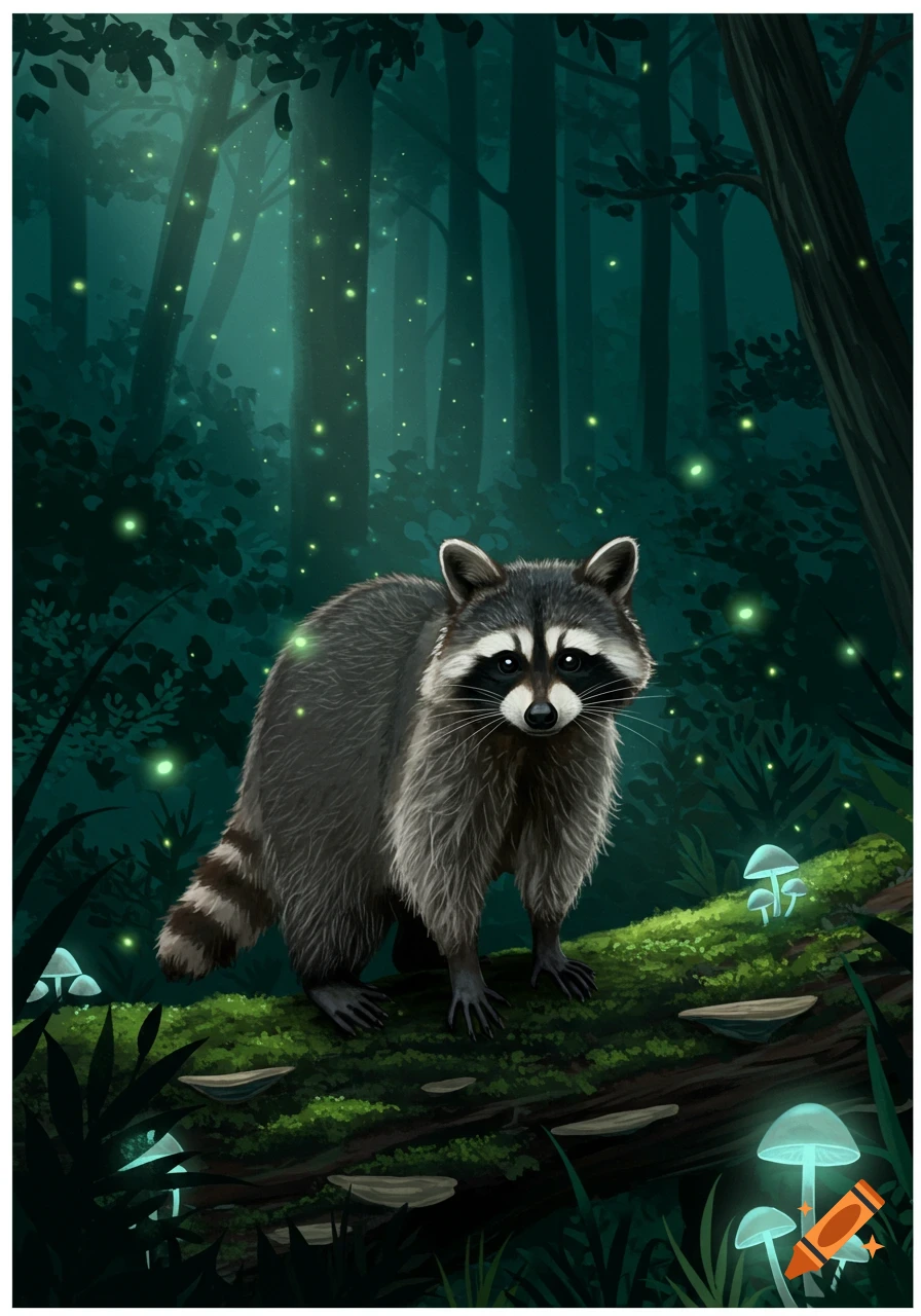 An illustrated raccoon with glowing red eyes perches on a log in a dark ...