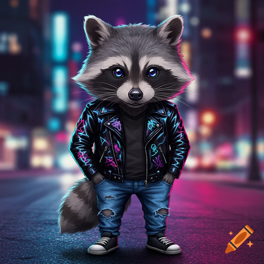Anime-style raccoon in a black leather jacket with neon graffiti and ...