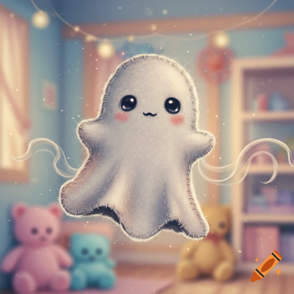 A cute chibi felt ghost with pink cheeks floats in a softly lit, blurry ...
