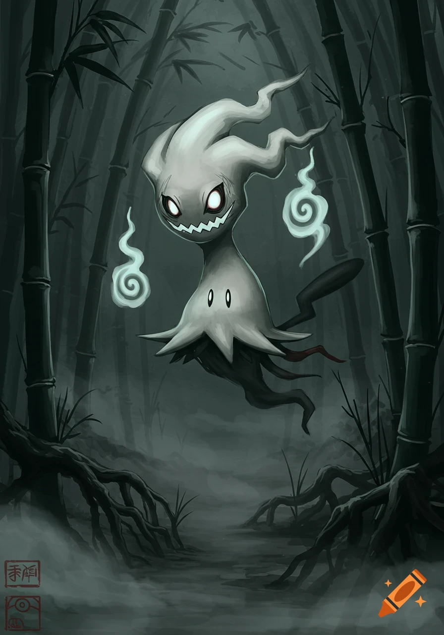 A creepy, monster-like ghost Pokemon with glowing white eyes and a ...