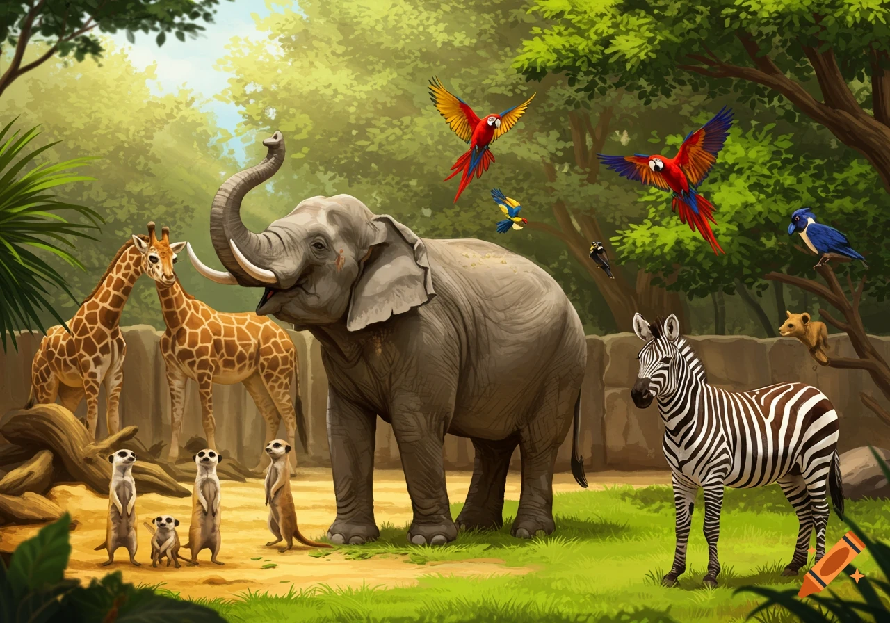 Cartoon illustration of a colorful zoo entrance with children, a lion ...