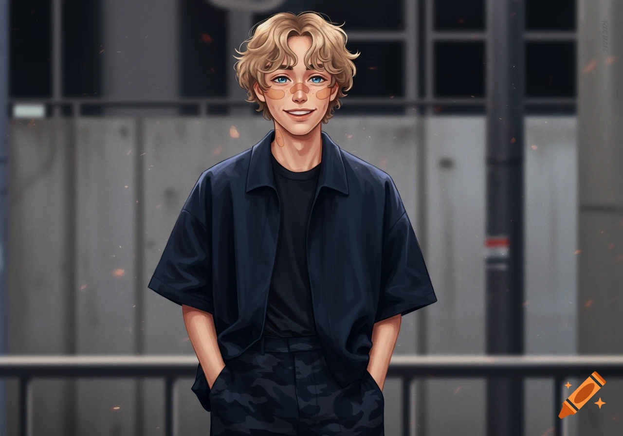 A male character with blonde hair, blue eyes, and a detailed organic ...