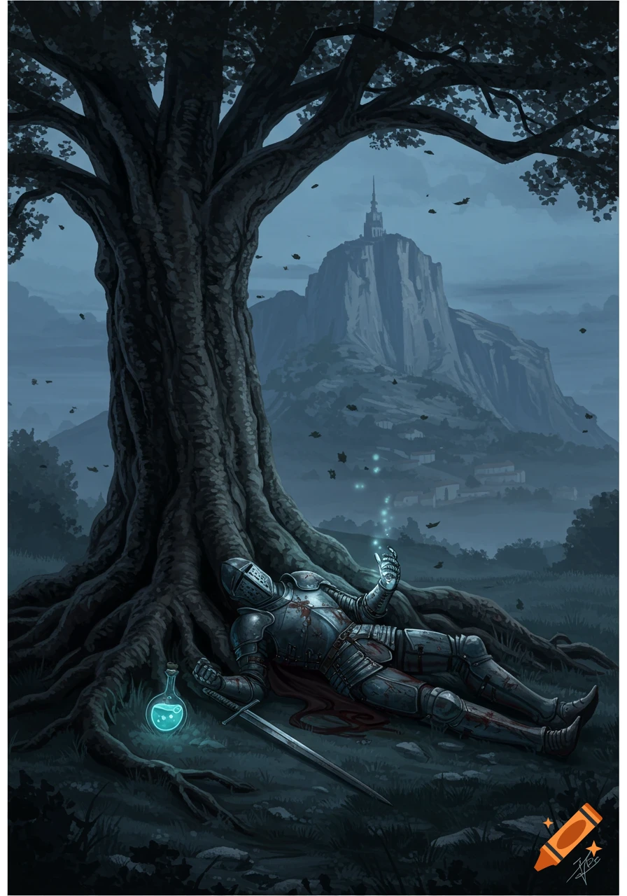 Injured knight in full armor lies under a gnarled tree, holding a ...