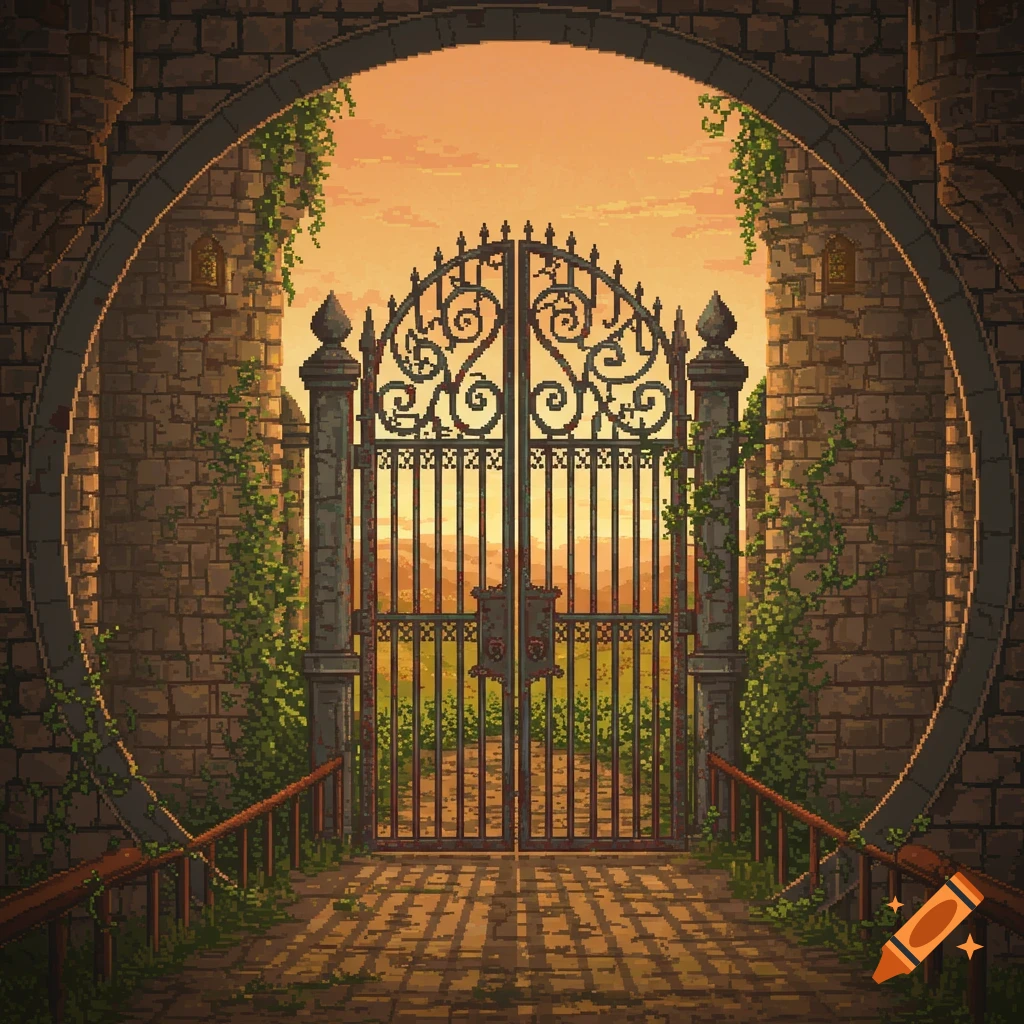 Pixel art medieval iron gate within a round stone archway, overlooking ...