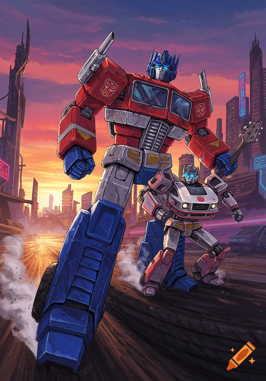 Optimus Prime and Jazz stand in a cyberpunk city at sunset, Jazz ...